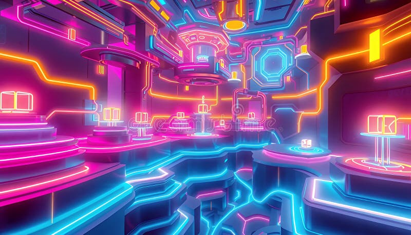Vibrant 3D Neon Biotech Illustration with Dynamic Abstract Shapes and ...