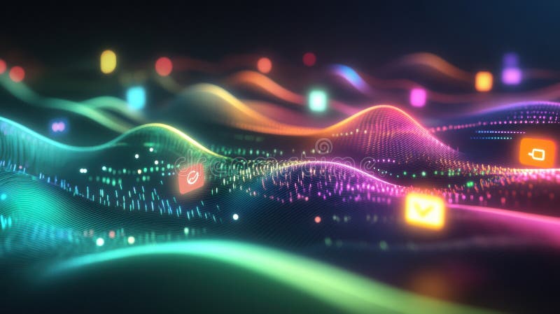 Digital Landscape with Colorful Data Streams and Icons in a Futuristic ...