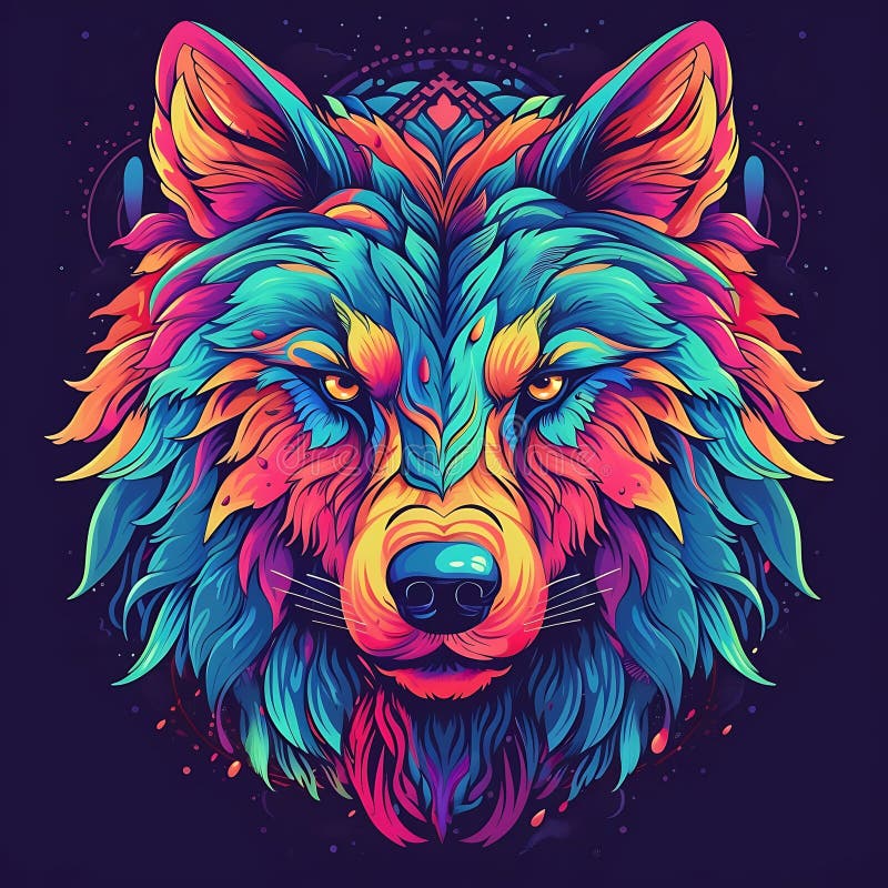 Colorful Wolf Illustration with Intricate Patterns, Showcasing Vibrant ...