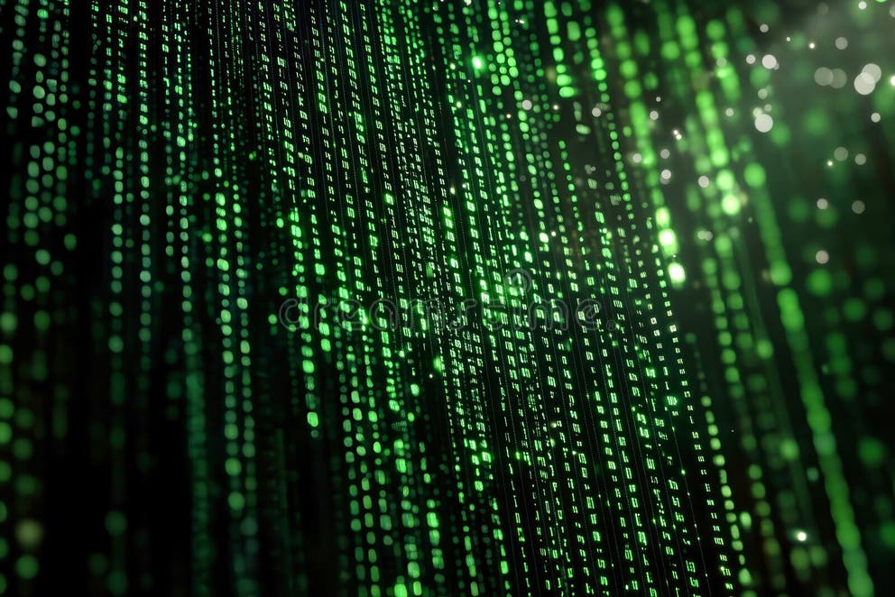 Vivid Digital Backdrop of Green Binary Data Cascading in a Dark ...