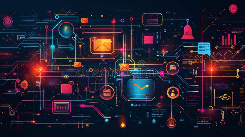 Vivid Digital Backdrop Illustrating a High-tech Network with Various ...