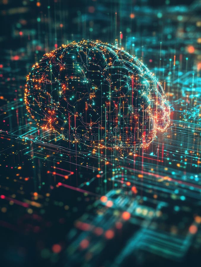 Vivid Digital Brain Depicted in a Network of Glowing Lines and Data ...