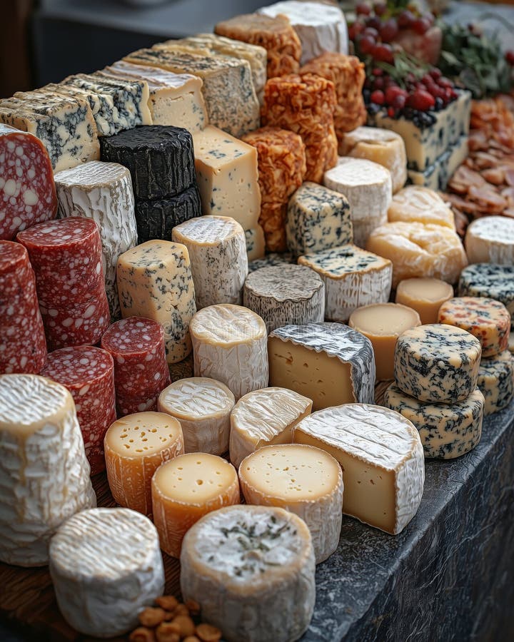 Vivid Display of Artisan Cheeses Showcasing Diverse Textures and Colors ...