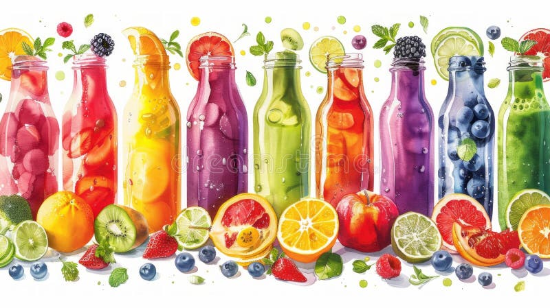 Colorful Fresh Juice Bottles Arranged in a Row with Various Fruits ...