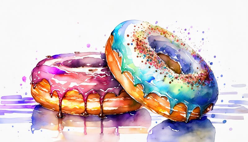 A Vivid Display of Two Donuts, Artistically Rendered in Watercolor ...