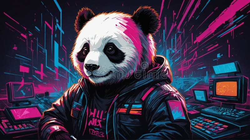Cyberpunk Panda Hacker stock illustration. Illustration of neon - 323044592