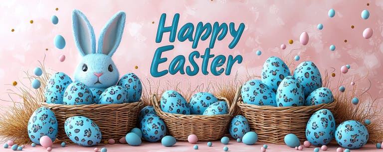 Colorful Easter-themed Banner Featuring a Blue Bunny and Patterned Eggs ...