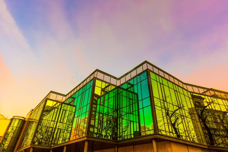 Vivid Evening Sun Reflection in Checkered Going Up Glass Walls Stock ...