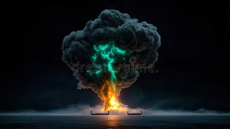 Vivid Explosion with Colorful Smoke Over Calm Water Dramatic Visual ...