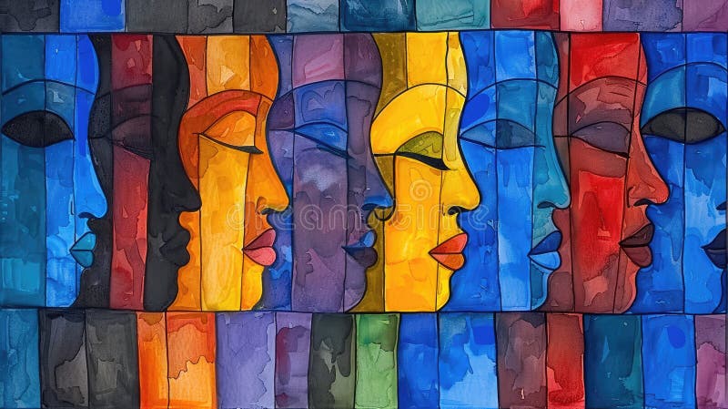 Vivid Faces Painted on a Wall of Colorful Blocks. Stock Photo - Image ...