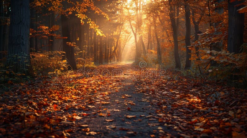 Vivid Fall Forest Path with Autumn Leaves, Soft Sunlight, and Realistic ...