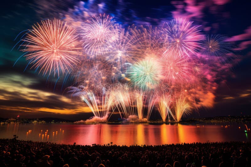 A Vivid Fireworks Show Transforms the Night Stock Illustration ...