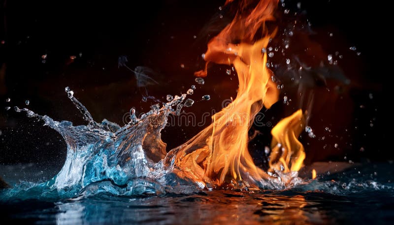 Vivid Flames and Dynamic Water Splash in Dramatic Scene. Contrast and ...