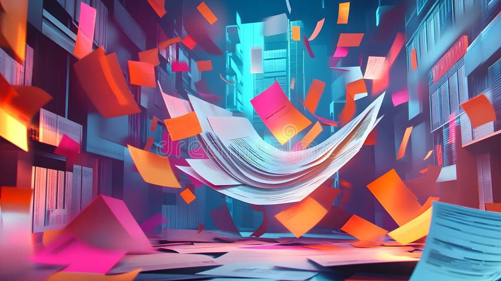 Vivid Floating Papers and Sticky Notes in a Futuristic Digital ...