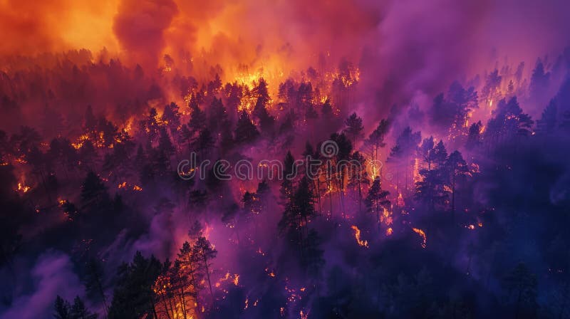 Vivid Forest Conflagration from Above at Sunset, Trees Ablaze with ...
