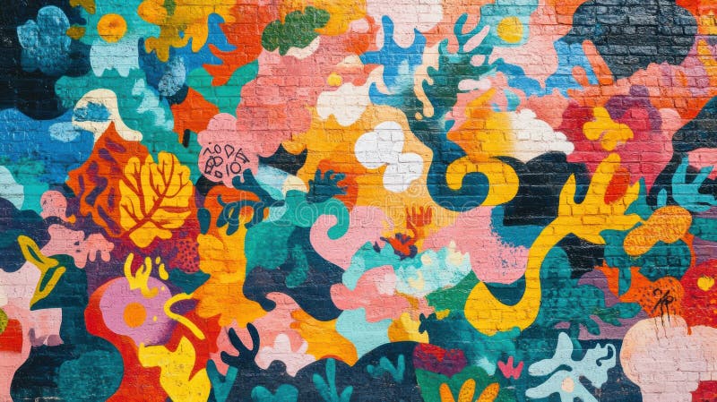 Vivid Graffiti Art on a Brick Wall, Complemented by a Red Fire Hydrant ...