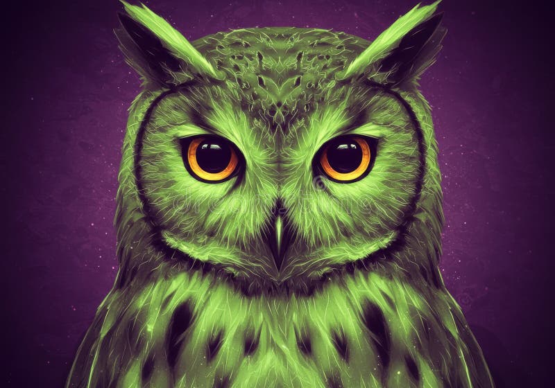 Vivid Green Owl with Piercing Orange Eyes on Purple Background Stock ...