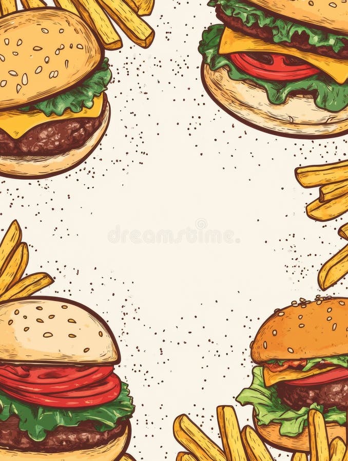 Vivid Illustrations of Appetizing Burgers and Crispy Fries Frame an ...