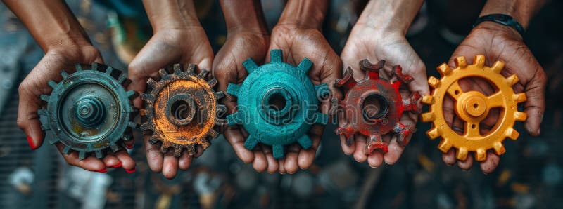 Diverse Hands Holding Multi-colored Gears Symbolizing Teamwork and ...
