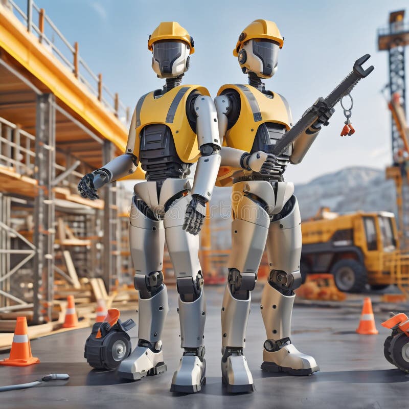 Robot Builders Work on a Construction Site with Tools. Made with AI ...