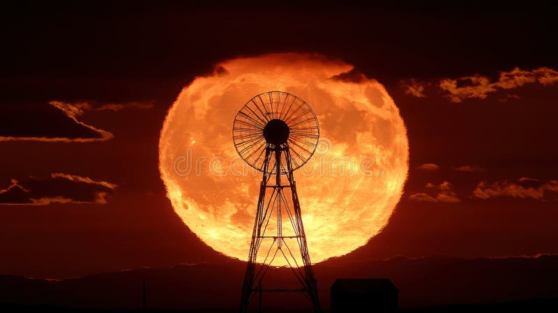 A Vivid Image of a Windmill Against a Backdrop of a Large Orange Moon ...