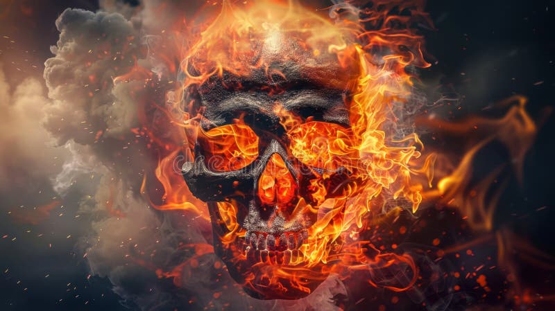 Flaming Skull Engulfed in Fiery Flames on Dark Background Stock ...