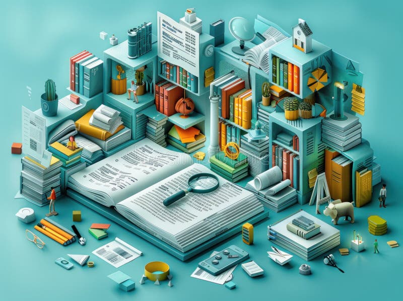 Vivid Isometric Illustration Depicting the Bustling World of Knowledge ...