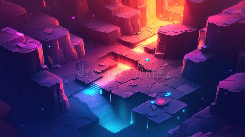 Vivid Isometric Terrain with Colorful Lighting and 3D UI Elements ...