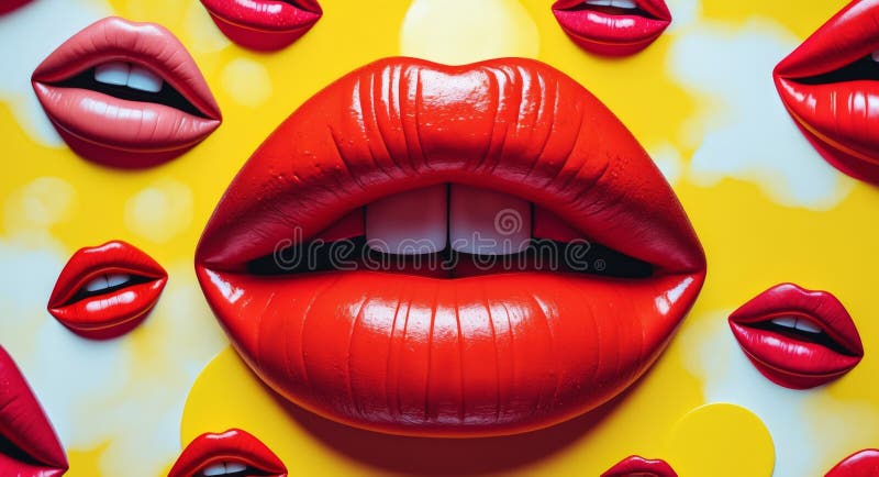 Vivid Lips Art. an Array of Luscious Lips Against a Bright Yellow ...