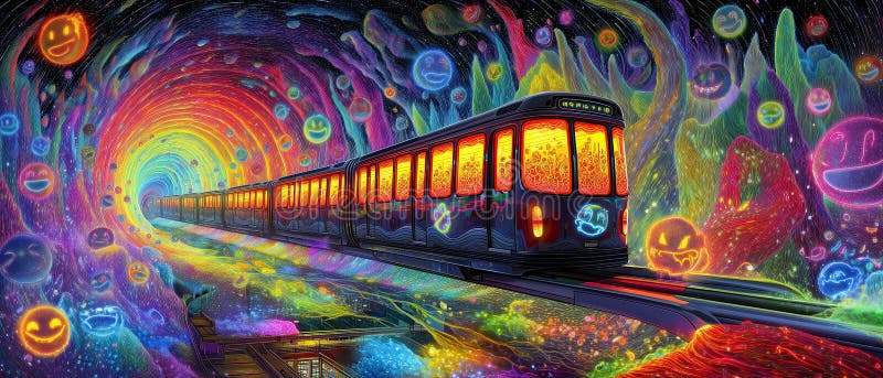Vivid Monorail in Glowing Rainbow Tunnel of Emotion Memory Strands and ...