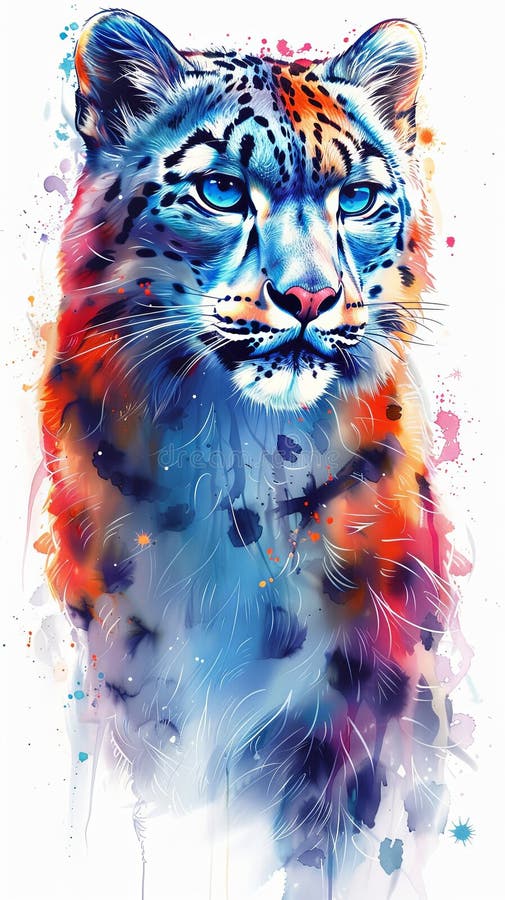 Vivid Multicolor Portrait Drawing Design on Snow Leopard Face Isolated ...
