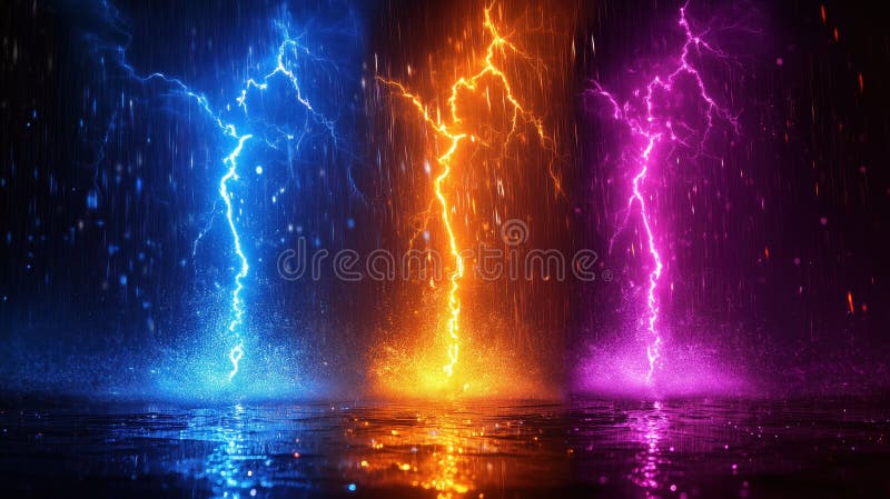 Vivid Multicolored Lightning Bolts Over Water Surface. Stock ...