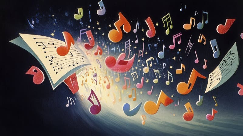 Vivid Musical Explosion with Notes and Sheet Music Stock Illustration ...