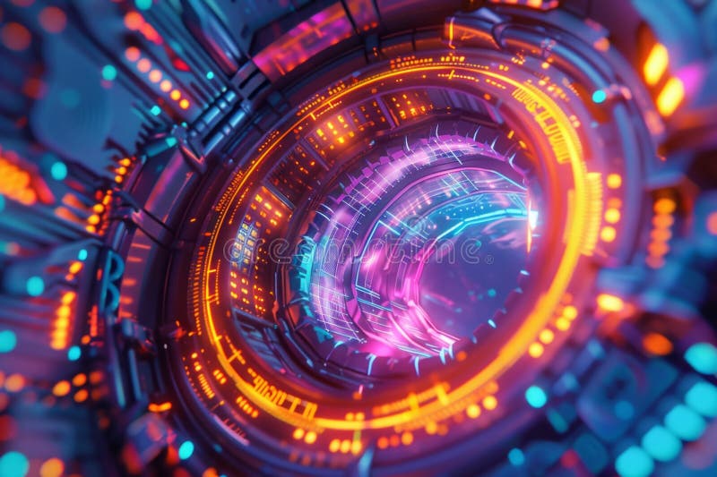 Futuristic Digital Tunnel with Neon Lights Glow. Stunning Colors and ...