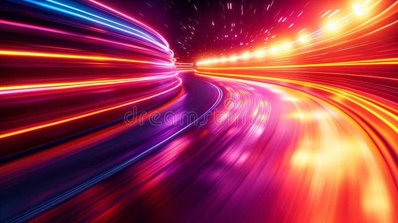 Vivid Neon Lights on Racetrack at Nighttime with Dynamic Flickering ...