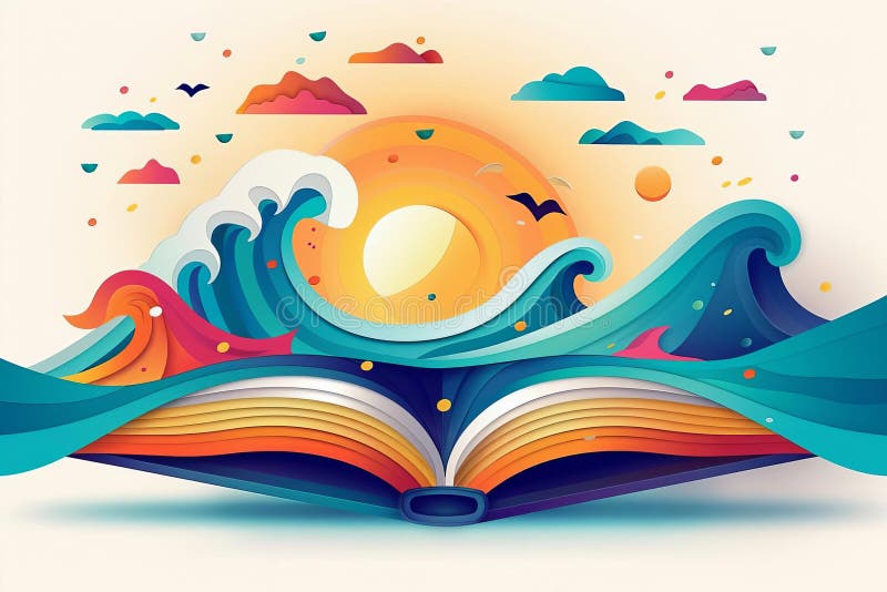 Vivid of an Open Book with Waves, Sun, and Clouds Emphasizing ...
