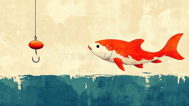 A Vivid Orange Fish Facing a Fishing Lure Stock Illustration ...