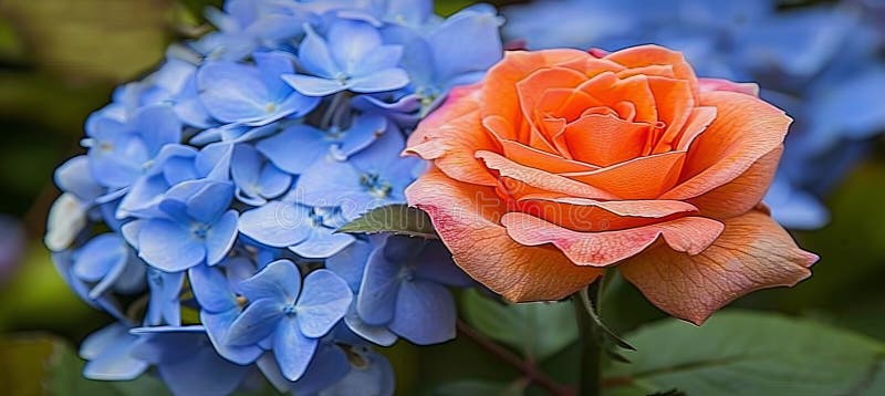 Vivid Orange Rose and Blue Hydrangea Blossoms a Complementary Color ...