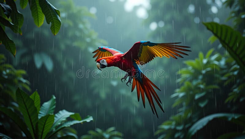 Vivid Parrot in Mid-flight with Wet Tropical Textures and Soft ...