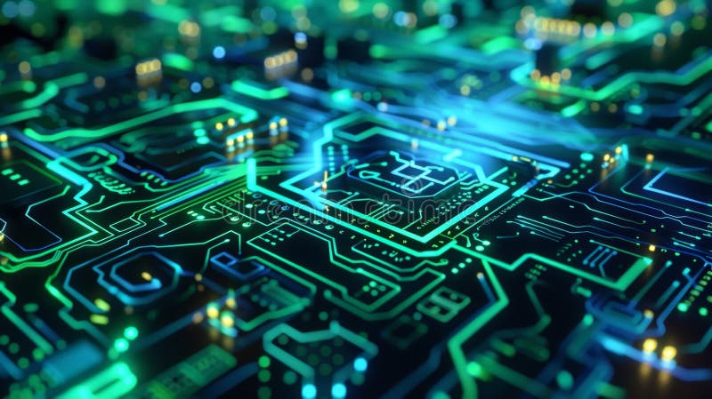 Vivid Pathways of Neon Green and Blue on a Circuit Board Creating a ...