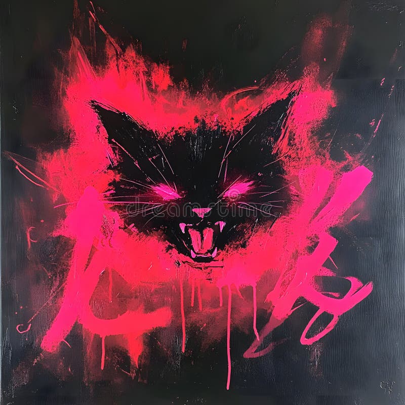 Vivid Pink Cat Illustration on Black Backdrop Stock Illustration ...