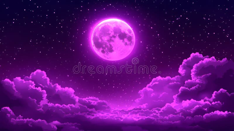 The Vivid Purple Moon Rises Over a Dreamy Cloudscape in the Night Sky ...
