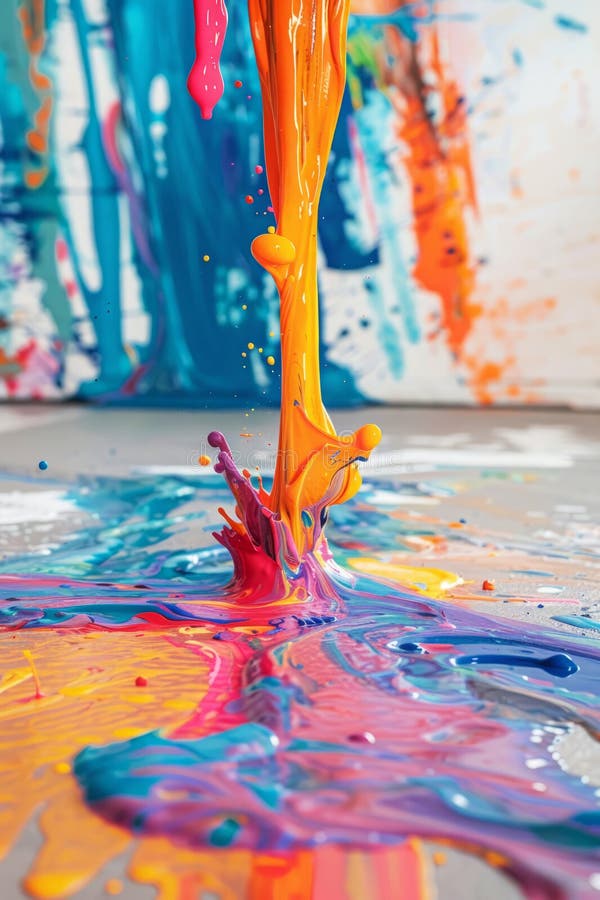 Vivid Rainbow Colored Paint Pouring Onto Floor, Creating Dynamic ...