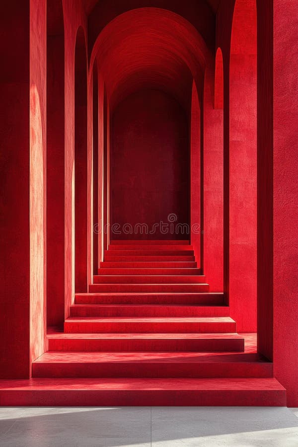 Vivid Red Architectural Hallway with Dramatic Lighting and Shadows ...