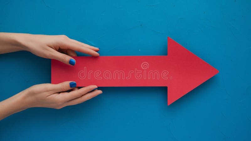 Hands Guiding a Red Arrow on Blue Background: Symbol of Direction and ...
