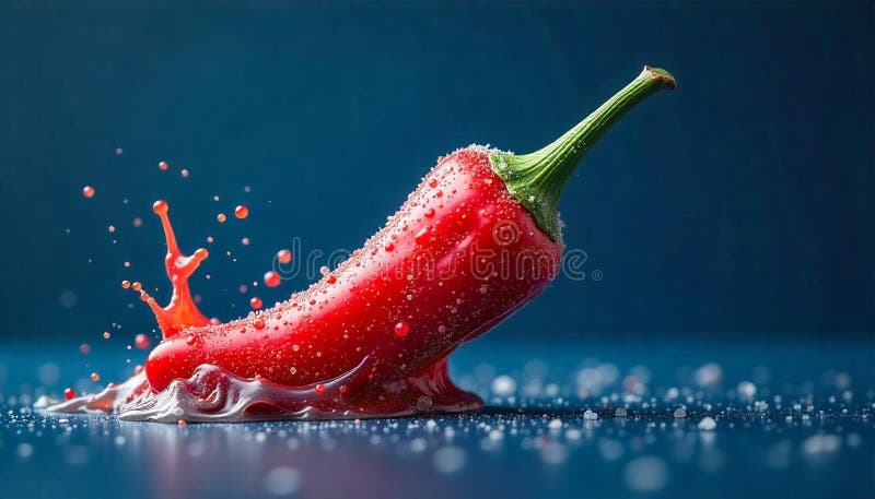 Vibrant Red Chili Pepper with Liquid Splash on Blue Backdrop Stock ...