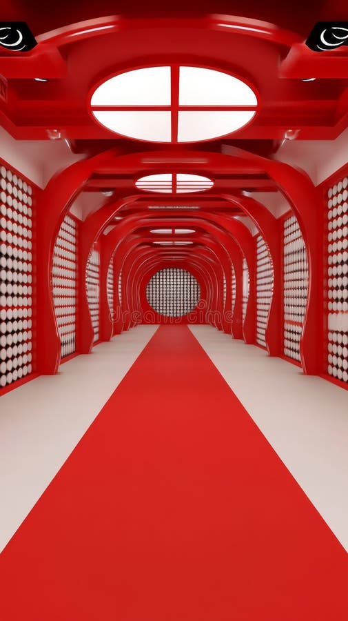 Vivid Red Corridor Showcasing Modern Architecture with Circular and ...