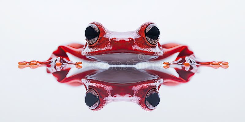 Vivid Red Frog on Reflective Surface with a Symmetrical Mirrored View ...