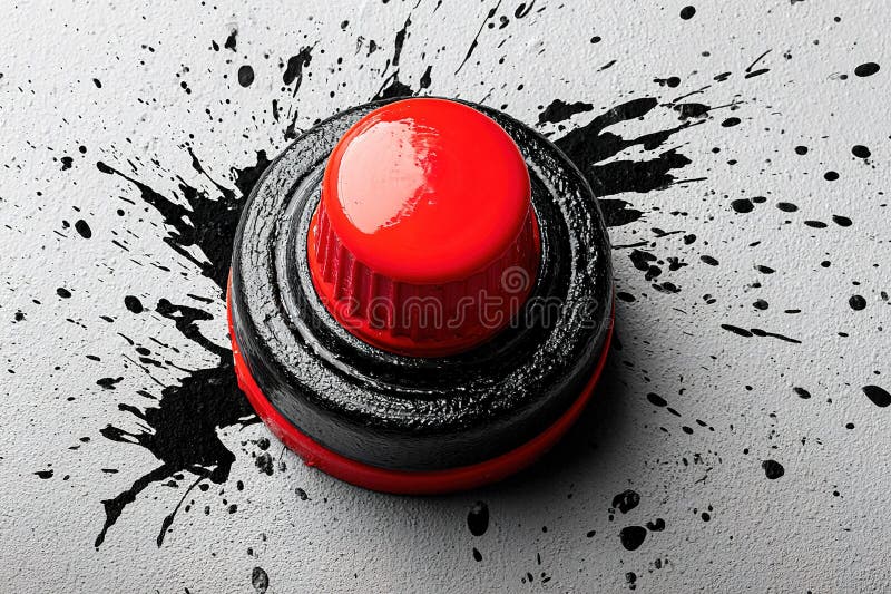 Vivid Red Ink Stamp Creating Dynamic Black Splatter on Textured Grey ...