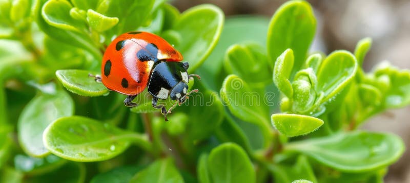 Vivid Red Ladybug Pollinating a Flower in a Vibrant Spring Scene ...